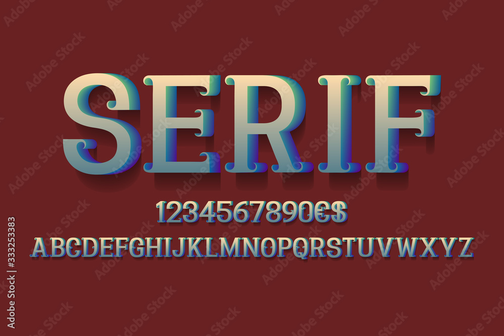 Serif alphabet with numbers and currency signs. 3d retro font. Stock ...