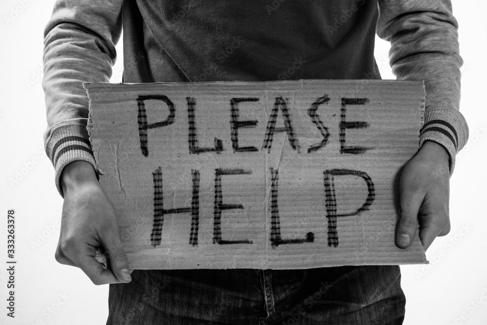 Homeless poor man holding carton board with word Please help Stock ...