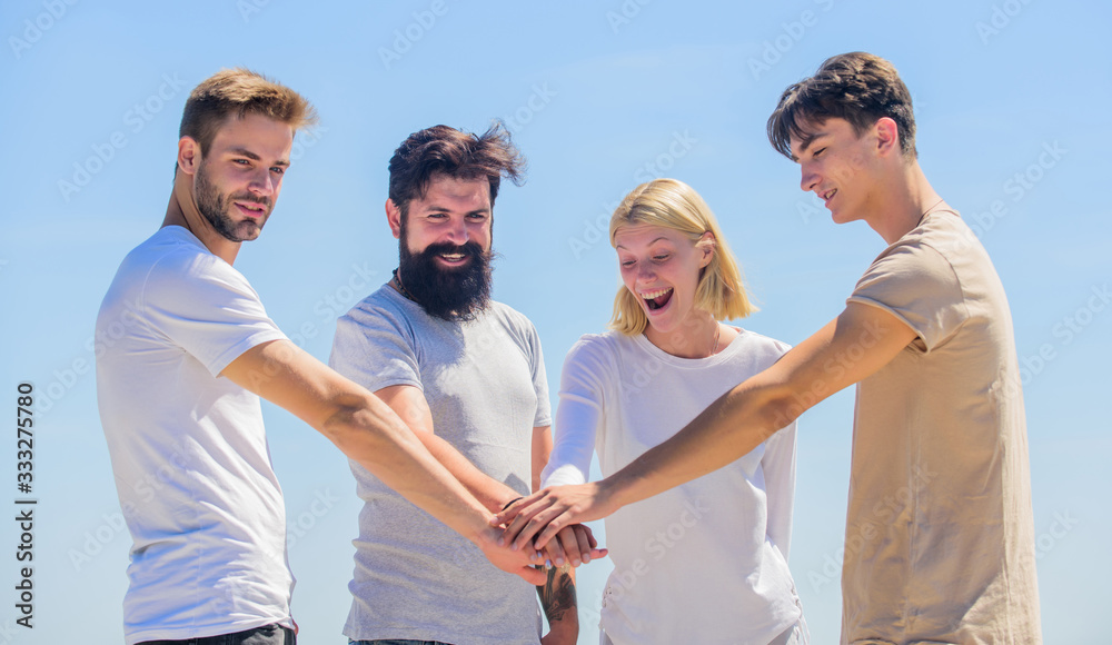 Dream team. Community member. Cheerful guys and girl. group of four ...
