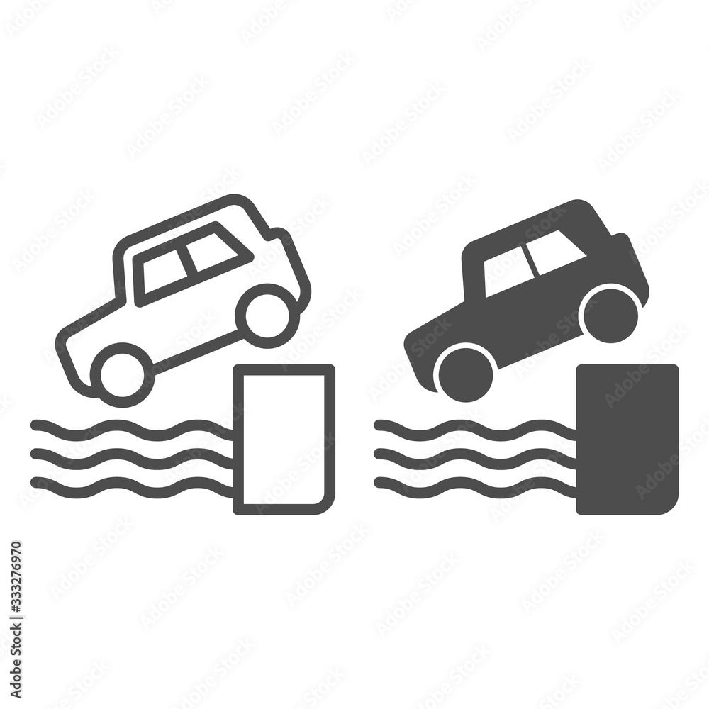 Water car accident line and solid icon. Vehicle falling down into sea ...