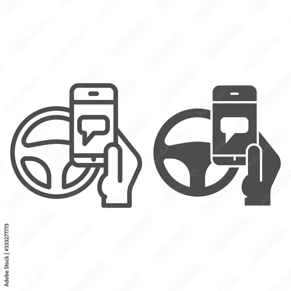 Texting while driving line and solid icon. Smartphone threat and ...