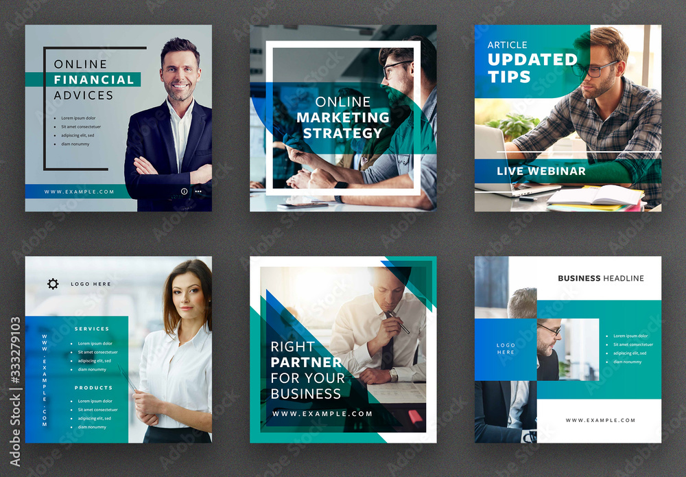 Social Media Post Layout Set with Blue and Teal Overlay Elements Stock ...