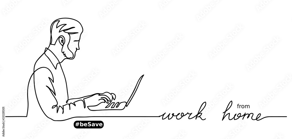 Work from home lettering. Man with laptop vector banner, sketch, doodle ...
