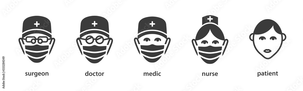 Medical staff icon set. Flat outline black sign: doctor, nurse in ...