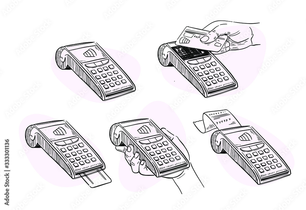 Payment terminal icons. Vector illustration. Black outline on ...