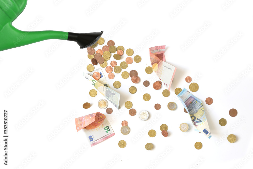 Green watering can is pouring Euro coins and banknotes, symbol for ...