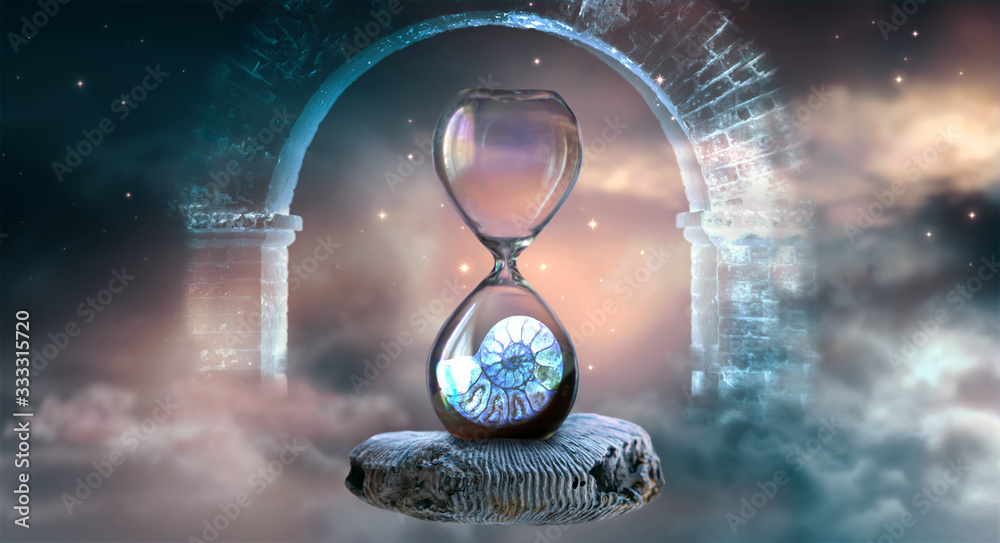 Hourglass hovering in space with ammonite inside clock that standing on ...