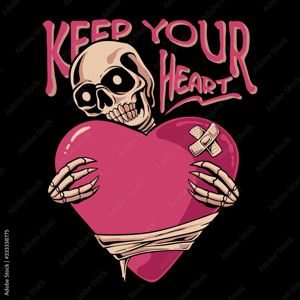 Skull holding love illustration. Skeleton hugging heart. Keep your ...