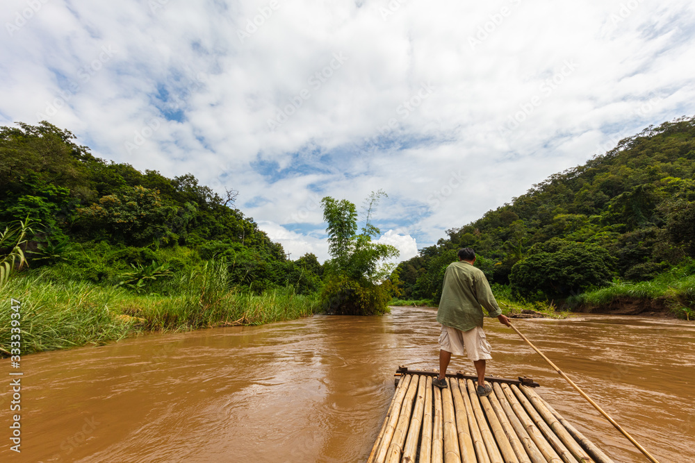 On a wooden or bamboo raft on the Mae Taeng river near Chiang Mai ...