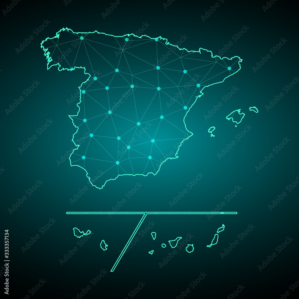 Map of Spain. Wire frame 3D mesh polygonal network line, design sphere ...