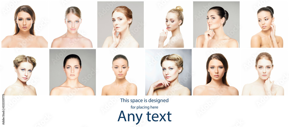 Female portraits in collage. Faces of young and beautiful women. Skin ...