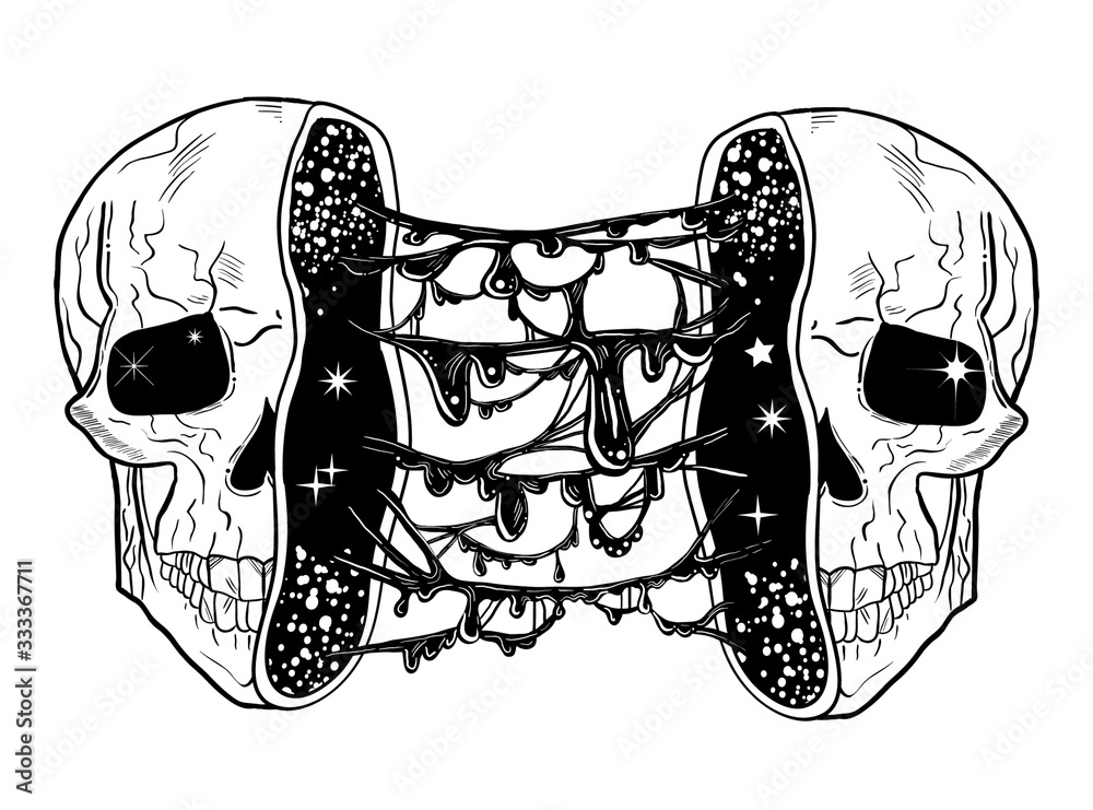 Tattoo art style illustration of open skull with slime goo inside. Dark ...