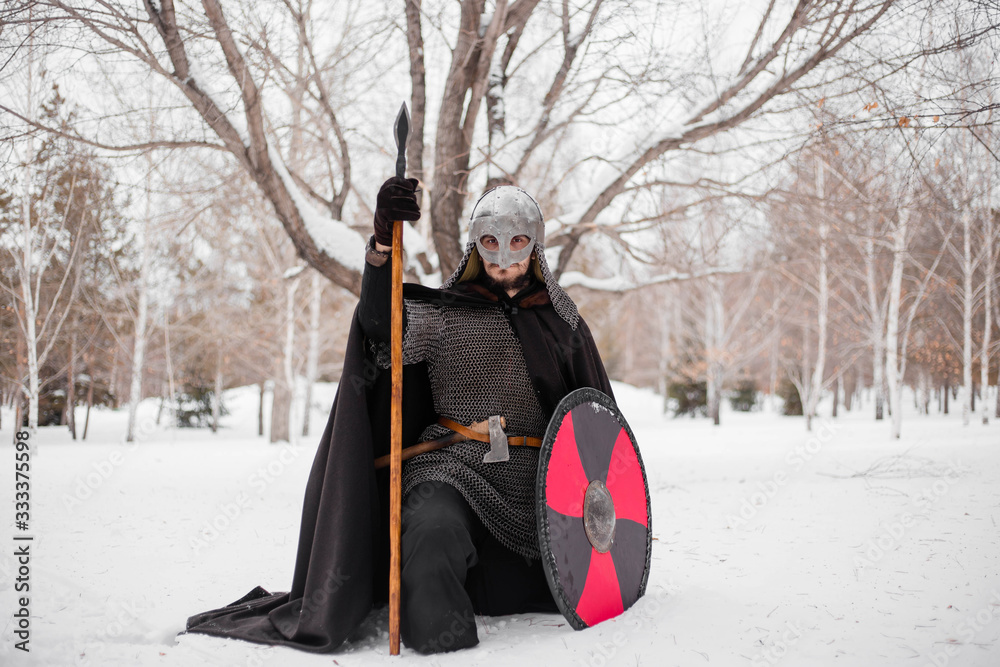 Viking in winter with a spear and a round shield of red-black color. A ...