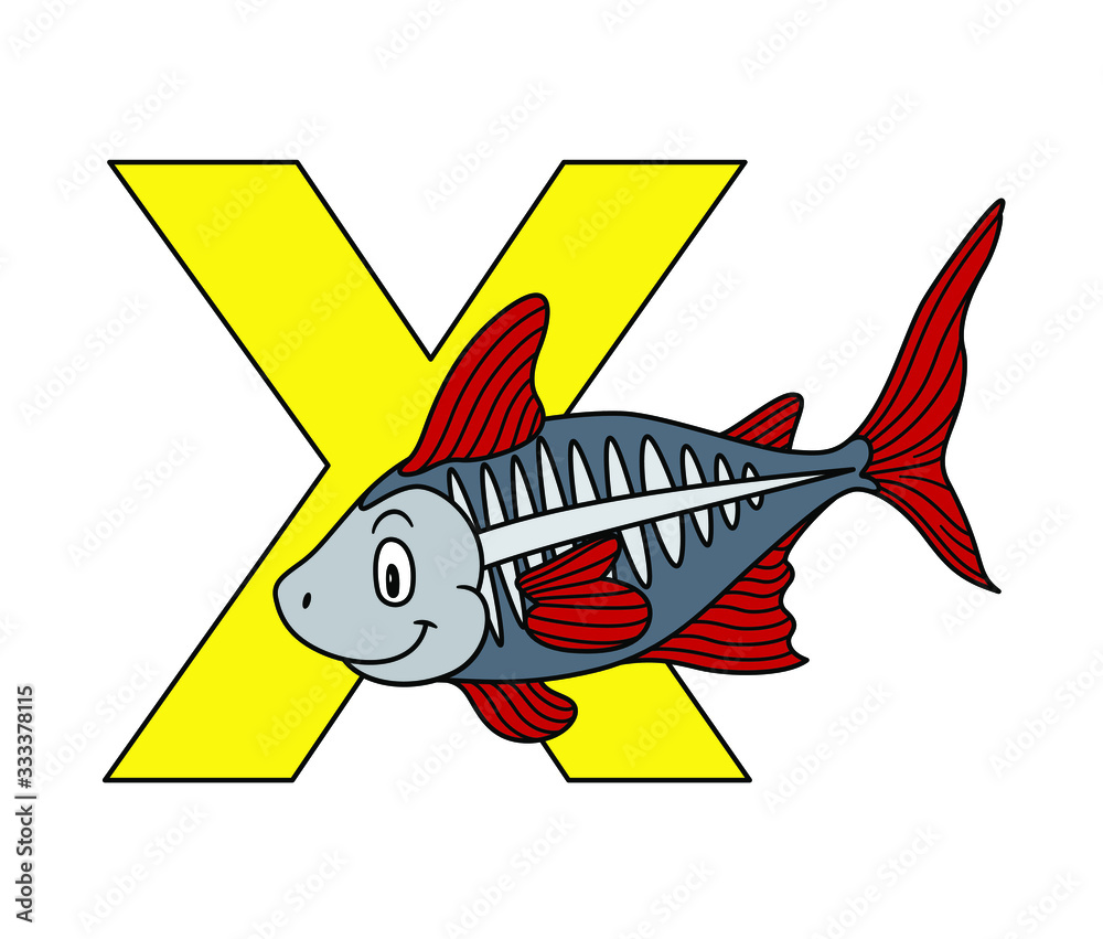 Animal alphabet. capital letter X, x-ray fish. Vector illustration. For ...