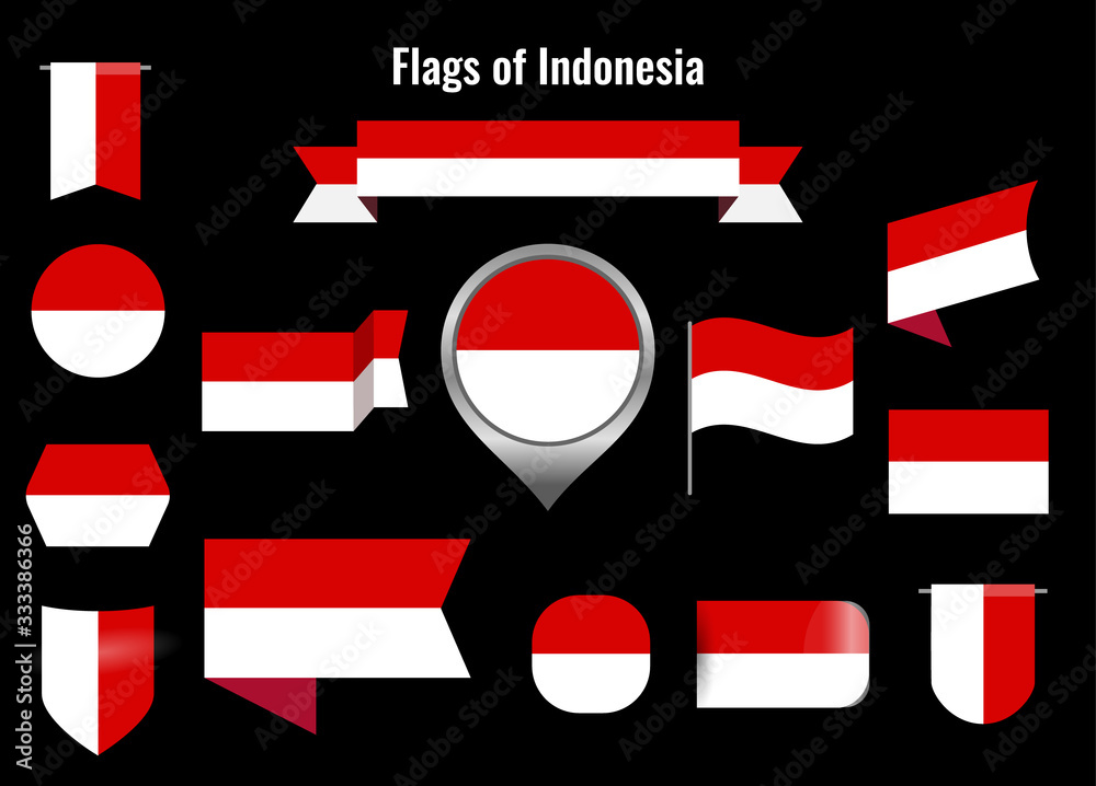 A large set of icons and signs with the flag of the Indonesia. Square ...
