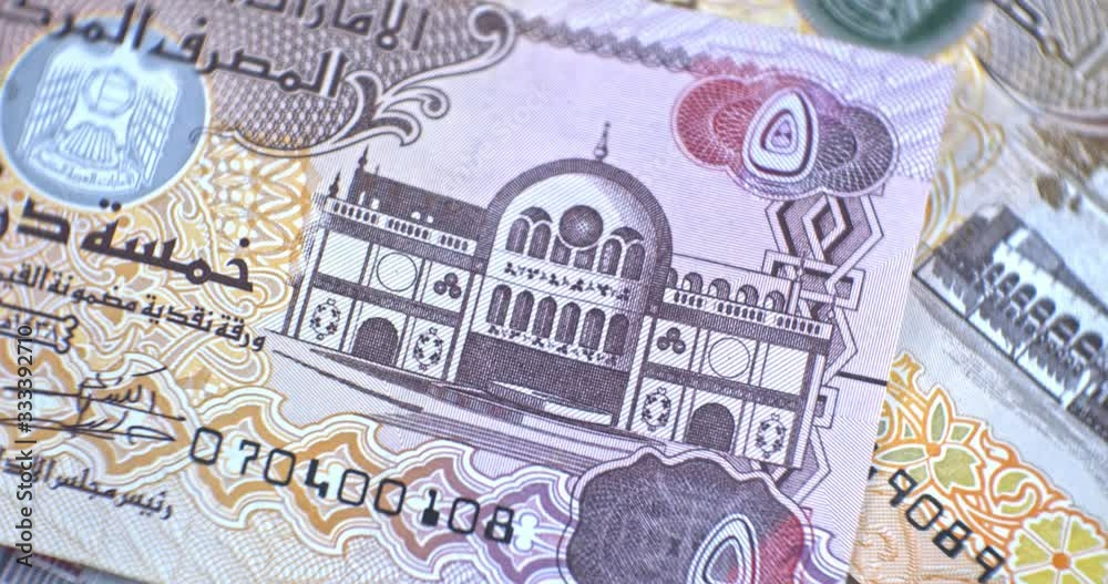 United Arab Emirates five dirham banknote, UAE Emirati money closeup ...