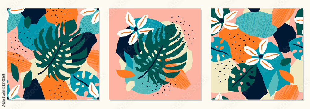 Set of trendy paper cut collage with abstract floral elements, seamless ...