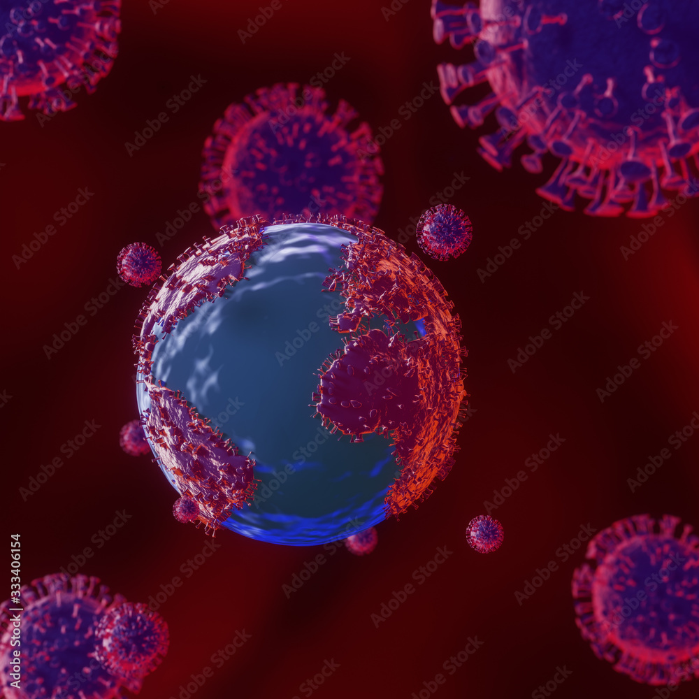 Covid 19 ,The planet earth transform to virus ,focus on center.3d ...