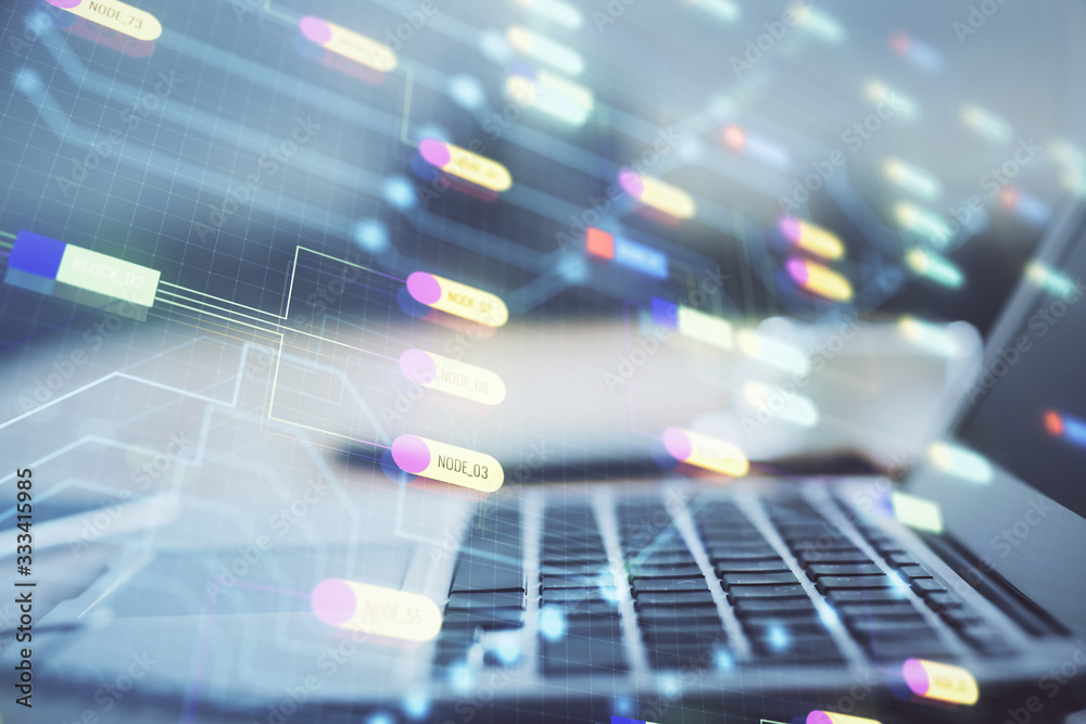 Technology theme drawing and table with computer. Double exposure ...