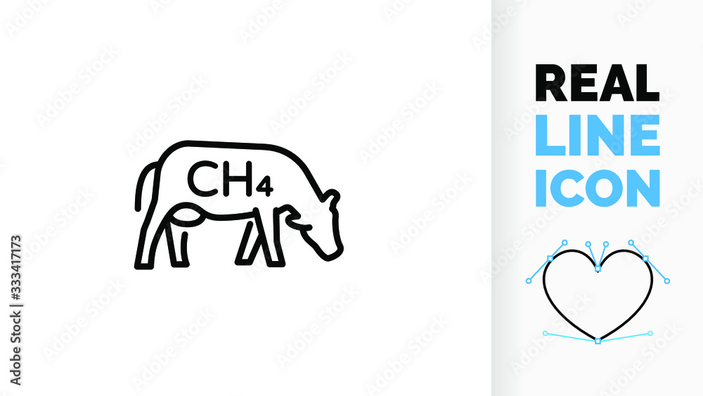 Vector editable line icon of a cow grazing but causing global warming ...