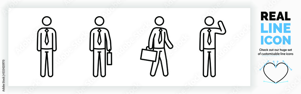 Editable real line icon set of the whole body of a stick figure ...
