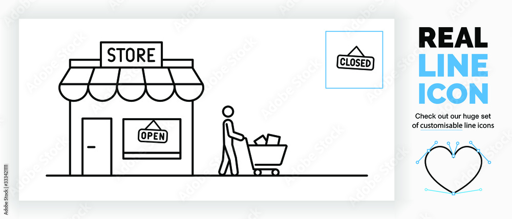 Editable real line icon of a store illustration with a open and closed ...