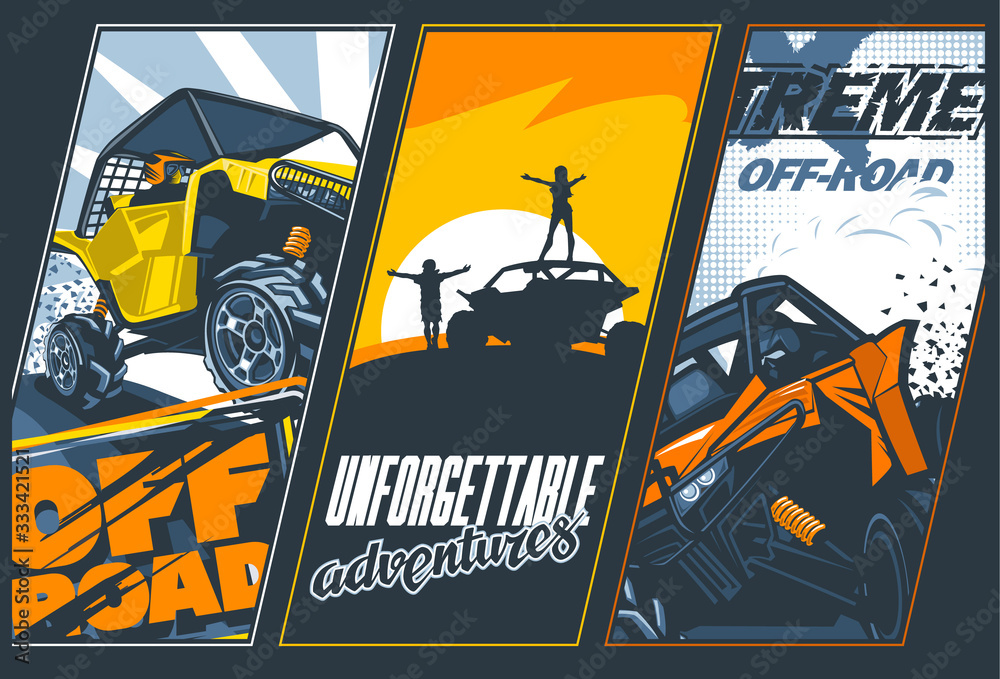 Poster of three banners with UTV`s off-road vehicles. Vector graphics ...