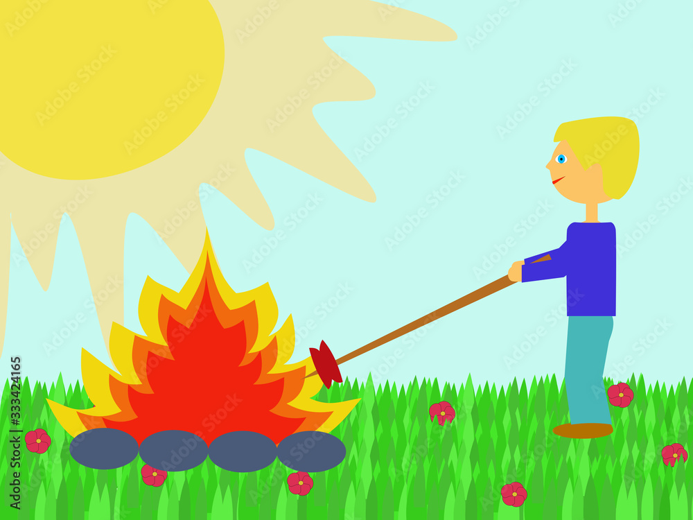 Little boy does the fat on the fire. Fire. Camping. Barbecue. Baking on ...