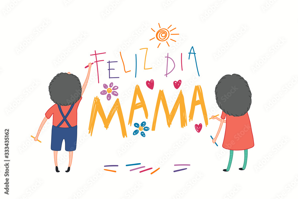 Card, banner with cute cartoon kids, girl and boy, drawing with crayons ...