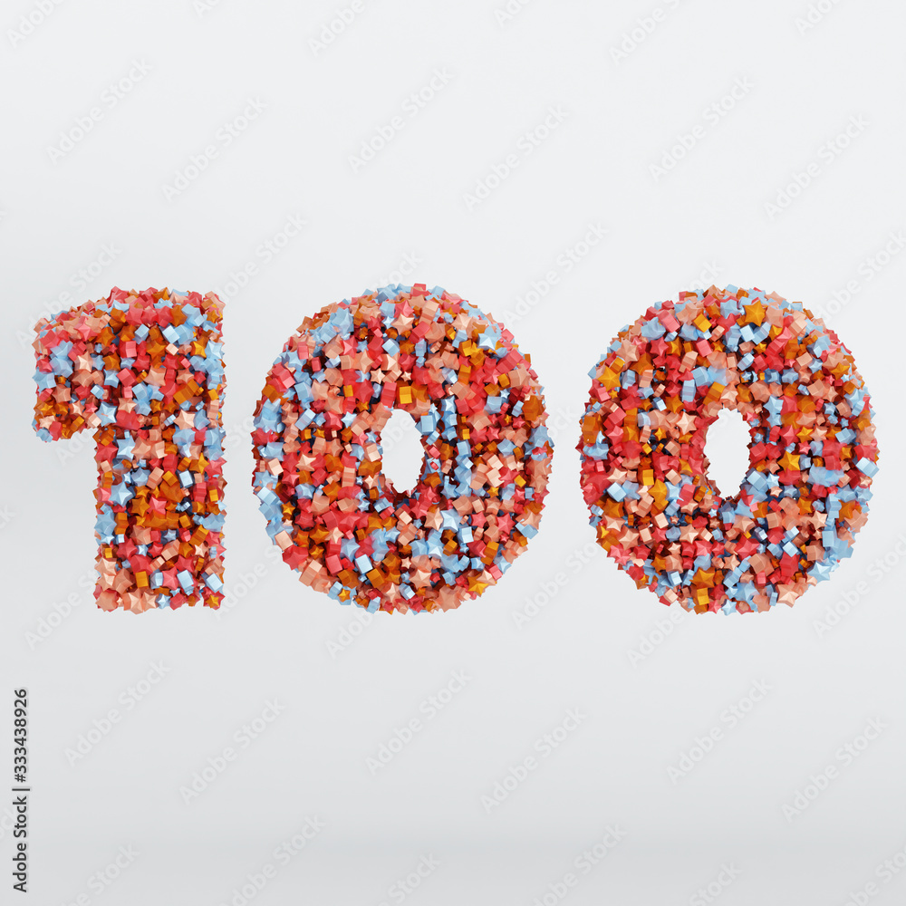 Number 100 3D Text Illustration, Digits With Pink And Sky Colors Stars ...