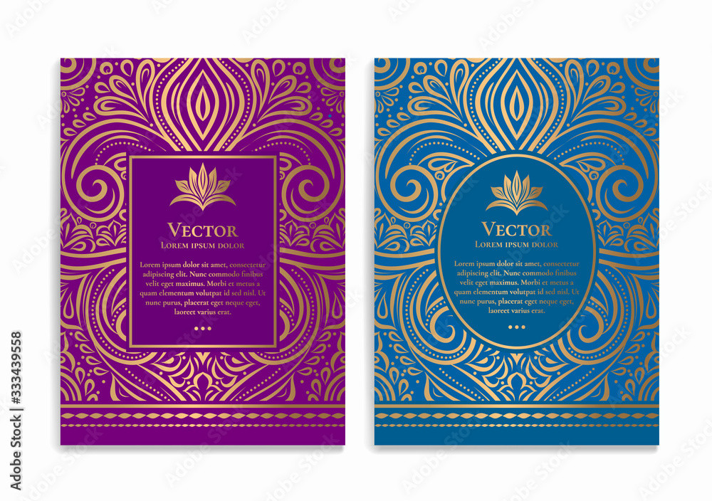 Violet and blue luxury invitation card design. Vintage ornament ...