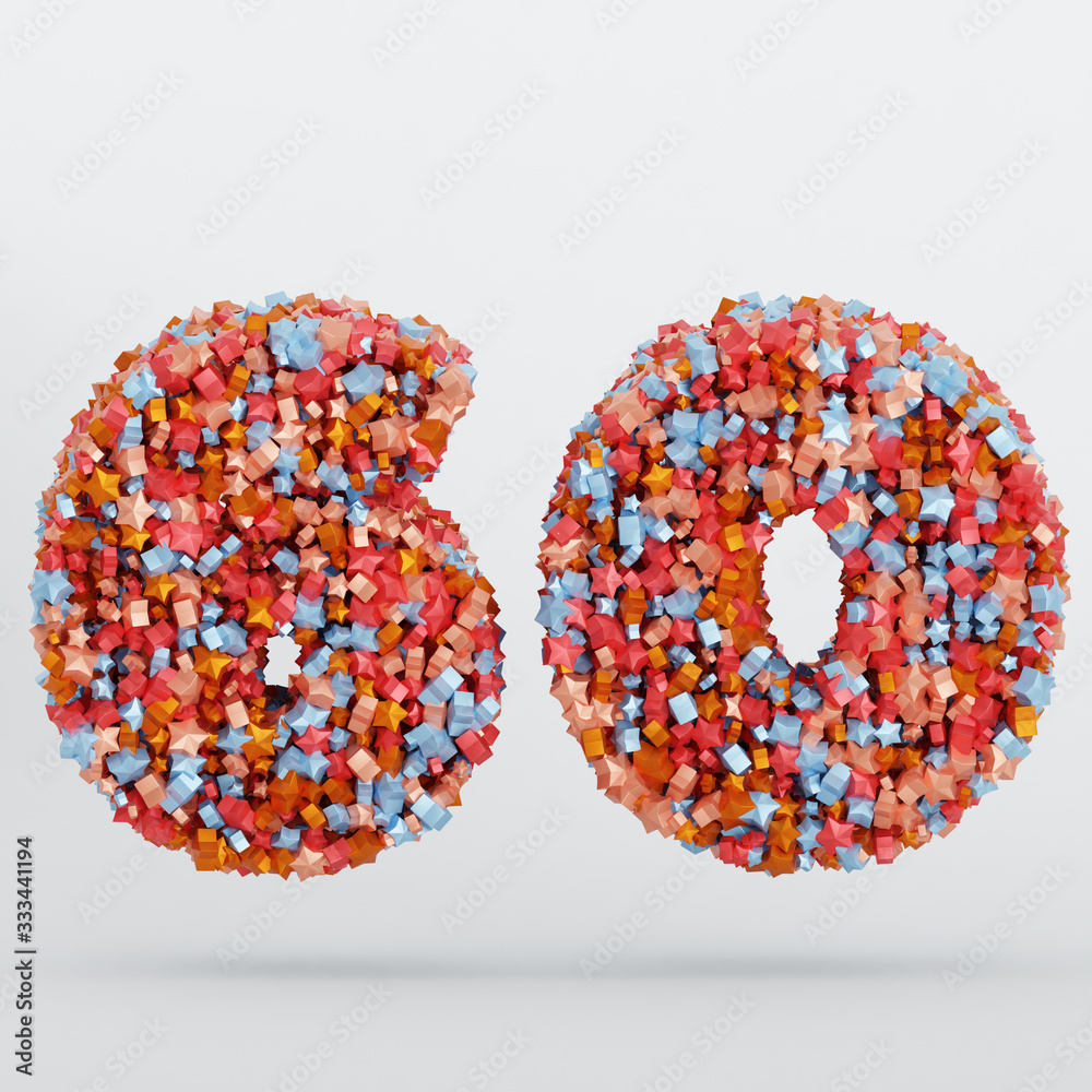 Number 60 3D Text Illustration, Digits With Pink And Sky Colors Stars ...