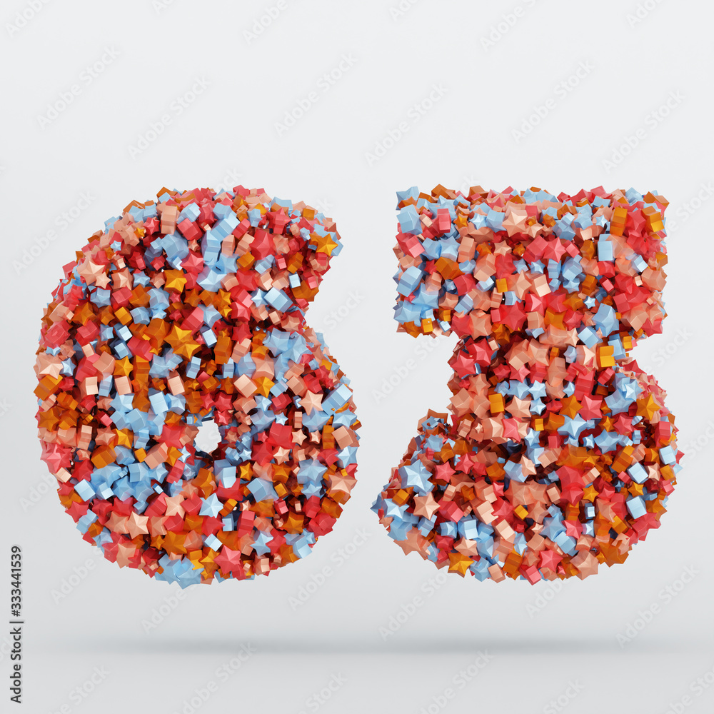 Number 63 3D Text Illustration, Digits With Pink And Sky Colors Stars ...