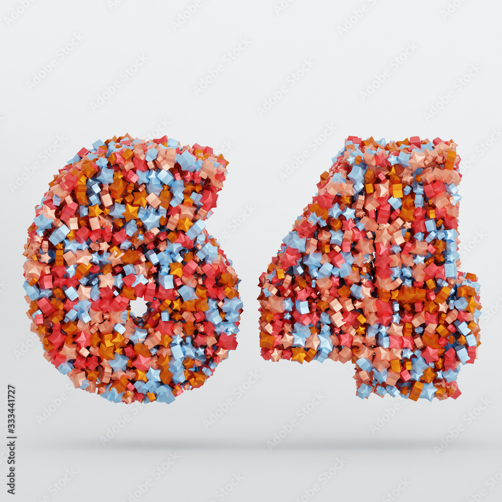 Number 64 3D Text Illustration, Digits With Pink And Sky Colors Stars ...