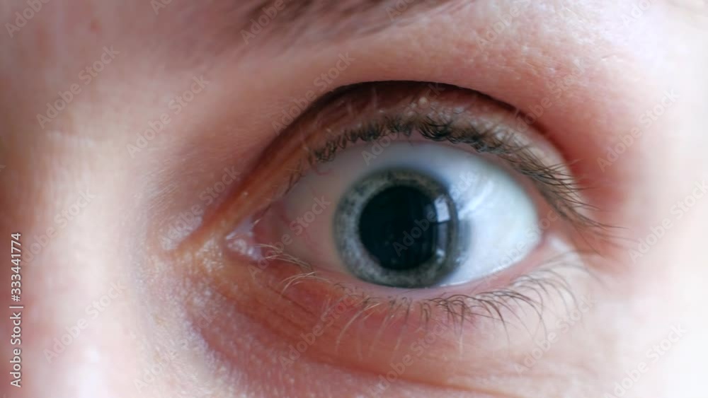 Close up of a female blue eye with dilated pupil. Detail of a goggle ...