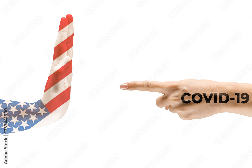 Human hands colored in flag of USA and coronavirus - concept of ...