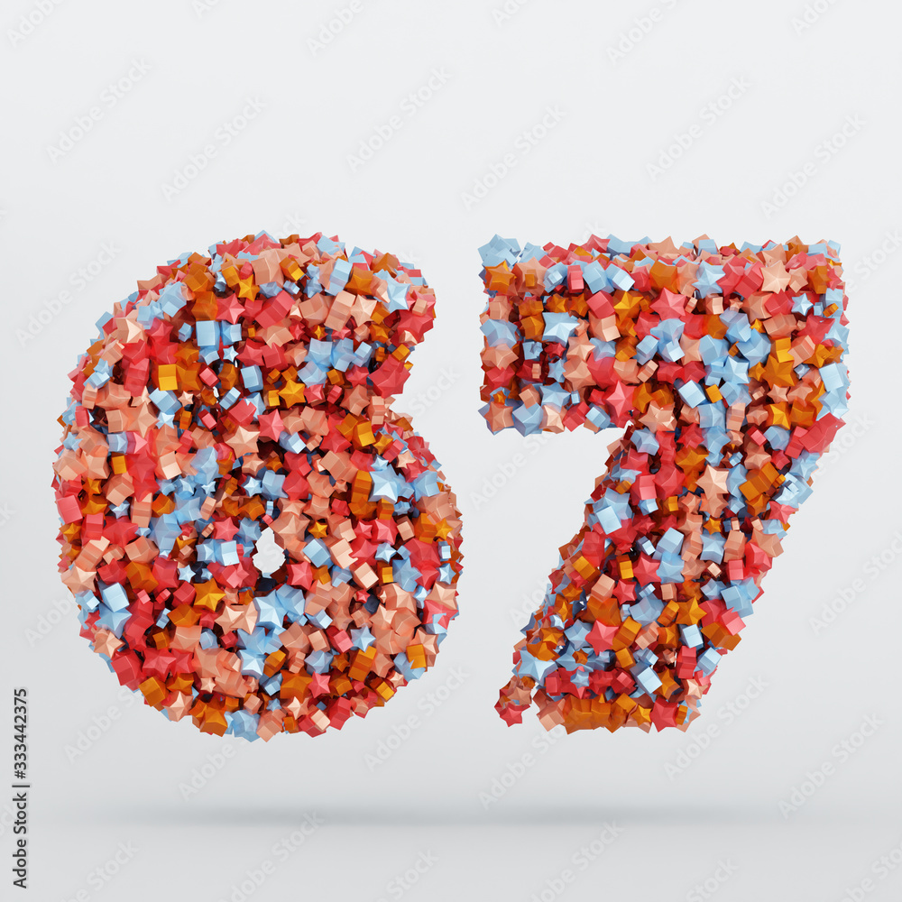 Number 67 3D Text Illustration, Digits With Pink And Sky Colors Stars ...