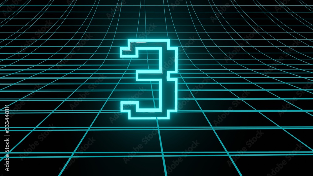Number 3 in neon glow cyan on grid background, isolated number 3d ...