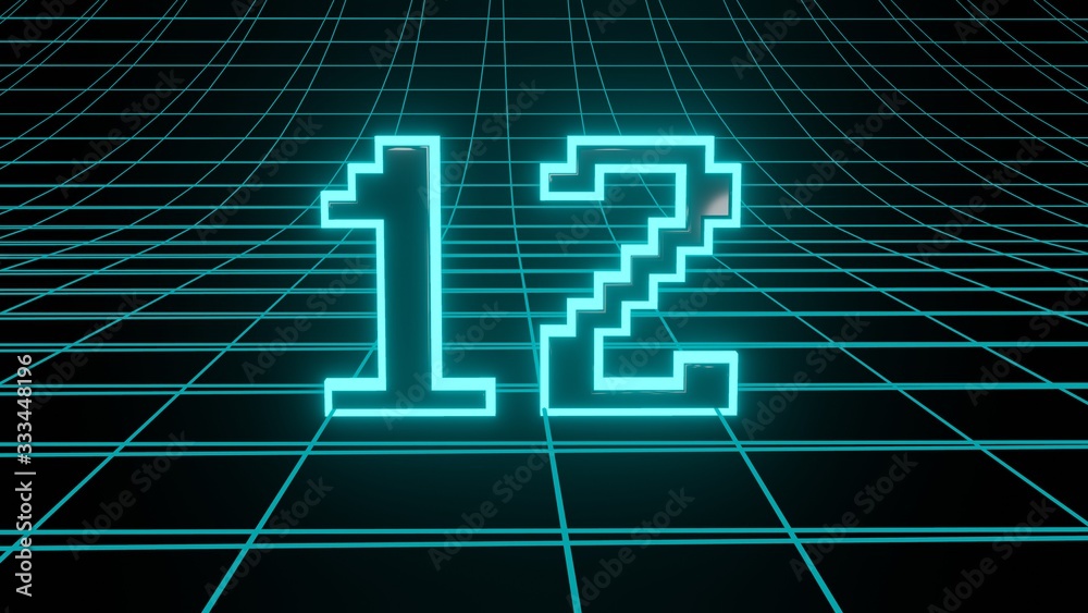 Number 12 in neon glow cyan on grid background, isolated number 3d ...