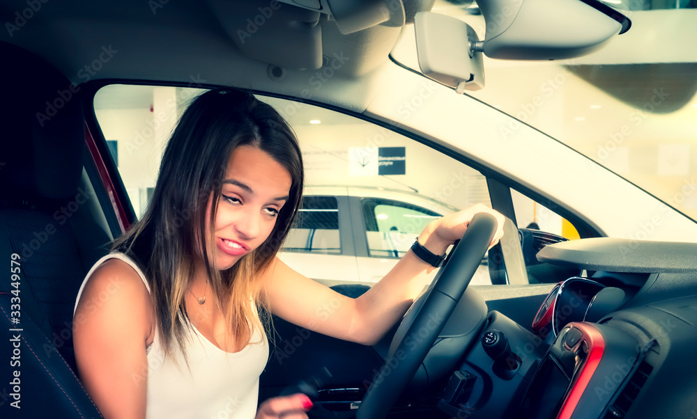 Fright face of woman, driving car. Closeup portrait displeased angry ...