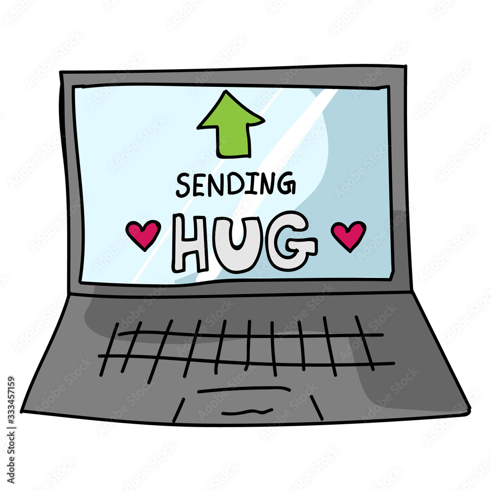 Sending virtual hug corona virus crisis text on laptop. Defeat sars cov ...