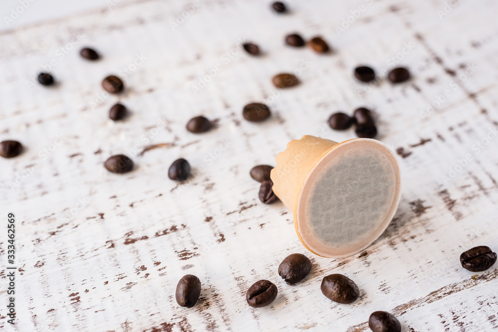 Composted coffee capsule. Espresso coffee Capsules from wood in the box ...