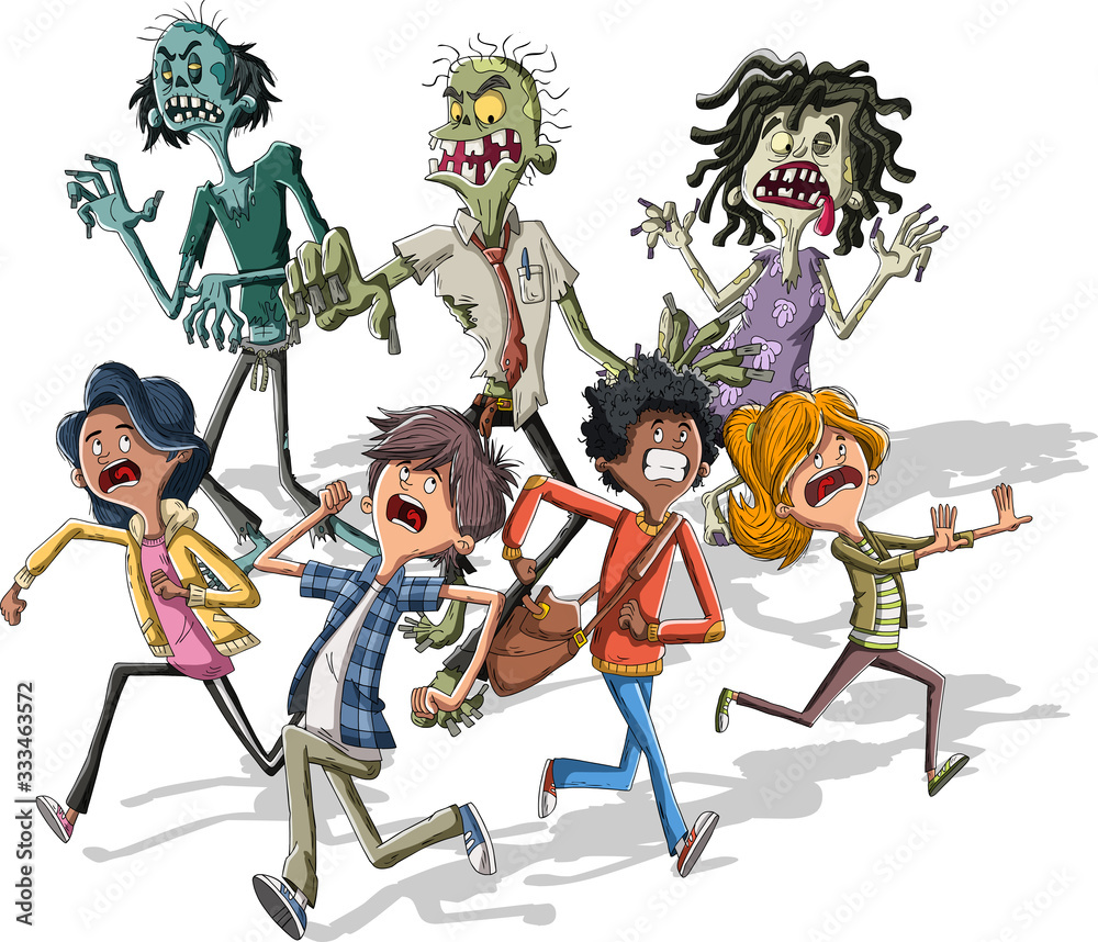 Cartoon kids running from zombies. Zombie crowd chasing teenagers ...