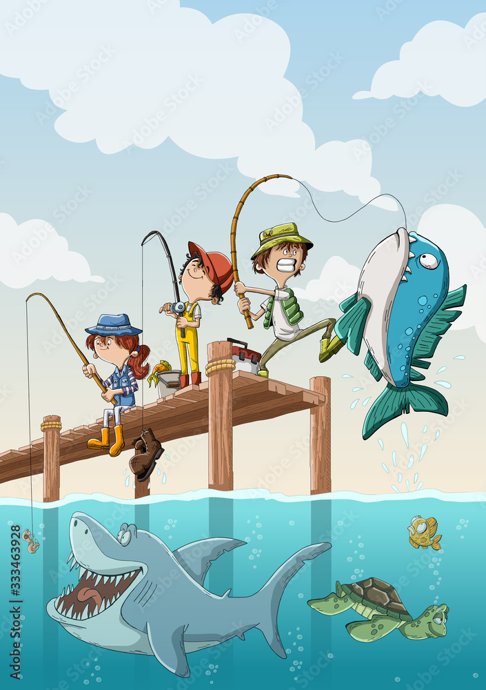 Cartoon children fishing on wooden pier. Kids catching big fish, shark ...