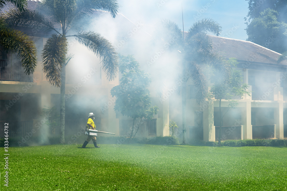 A gardener doing a poisoning activity by spraying insecticide or ...