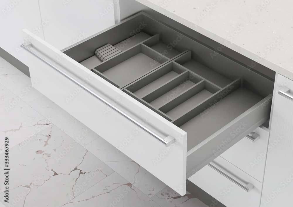 Open kitchen drawer with cooking utensils. Storage and organization of ...