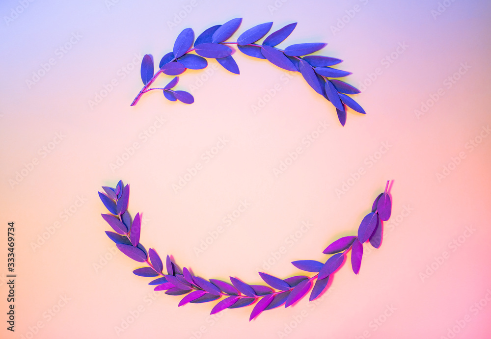 Light neon background with leaves. Glowing abstract backdrop with ...