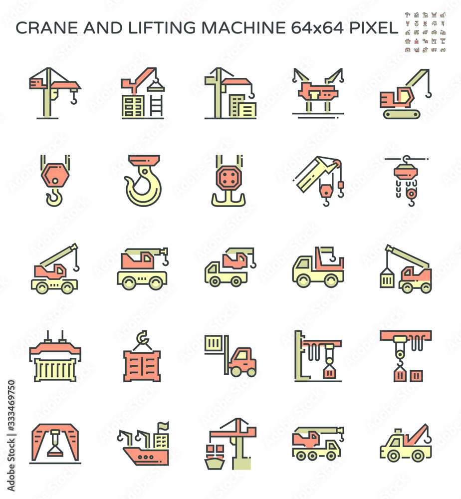 Crane icon or lifting equipment i.e. tower, crawler, wich, mobile ...