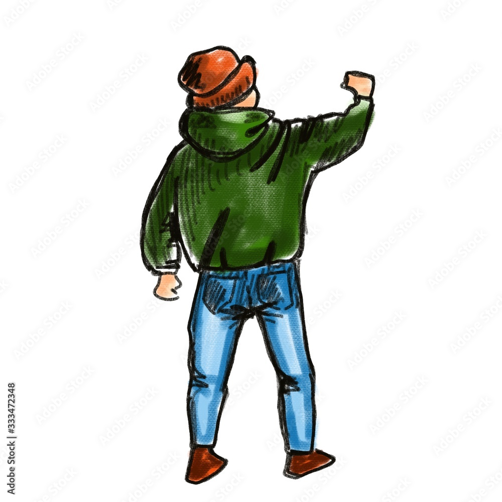 Hand drawn sketch of cartoon character young street artist standing and ...