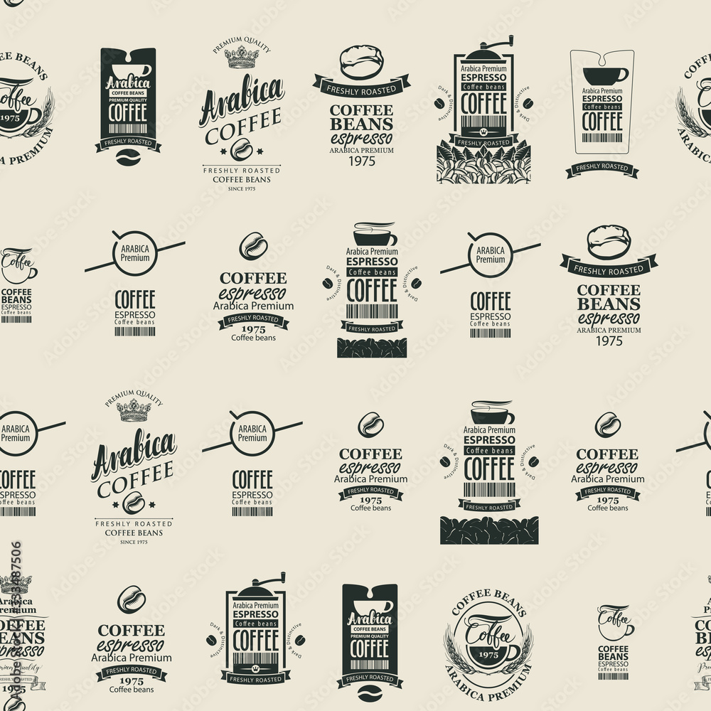 Vector seamless pattern with various labels in retro style on coffee ...